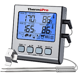 ThermoPro TP-17 Dual Probe Digital Cooking Meat Thermometer Large LCD Backlight Food Grill Thermometer Silver and Black