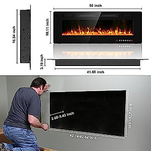 BREEZEHEAT 50inch Electric Fireplace Recessed Wall Mounted-Ultra Thin Fireplace Heater for Living Room/Bedroom with 2 Heat Vents, Remote Control, Touch Screen, Adjustable Flame, 8H Timer, 750w/1500w