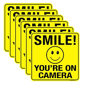 6 Pack Smile You're On Camera Sign, 6" x 6" Video Surveillance Signs, Self Adhesive Vinyl Decal UV Protected & Weatherproof Home Security Stickers, Indoor and Outdoor Use Yellow, Black
