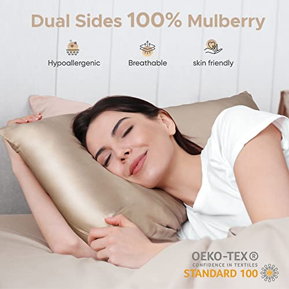 100% Pure Mulberry Silk Pillowcase for Hair and Skin - Allergen Resistant Dual Sides,600 Thread Count Silk Bed Pillow Cases with Hidden Zipper,1pc,Standard Size,Taupe