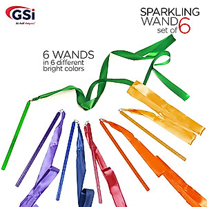 GSI Multicolor Sparkling Gymnastic Ribbon Wands [6 pack] with 9 inch stick and 1 meter ribbon for Gym, Training, Circus, Dance, Baton Twirling, Dancing Streamers (pack of 6)