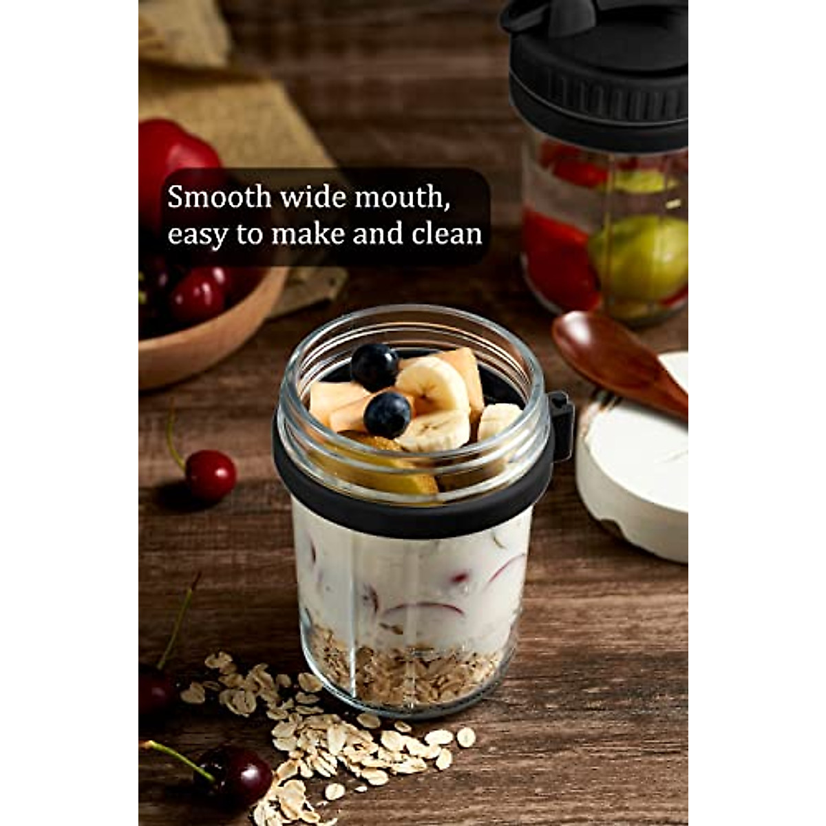 Overnight Oats Containers with Lids - 2pack Gray 10 oz Wide Mouth Mason Jar with Spoon Very Convenient for Use On The Go, Tight sealing glass jar ideal for home, office or to go
