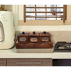 Wooden Handcrafted Tea Sugar Coffee 3 Canister Set with holder for Food Storage, Rustic Vintabe Farmhouse Country Home Décor - 10.5 x4 x4 Inches - Burnt