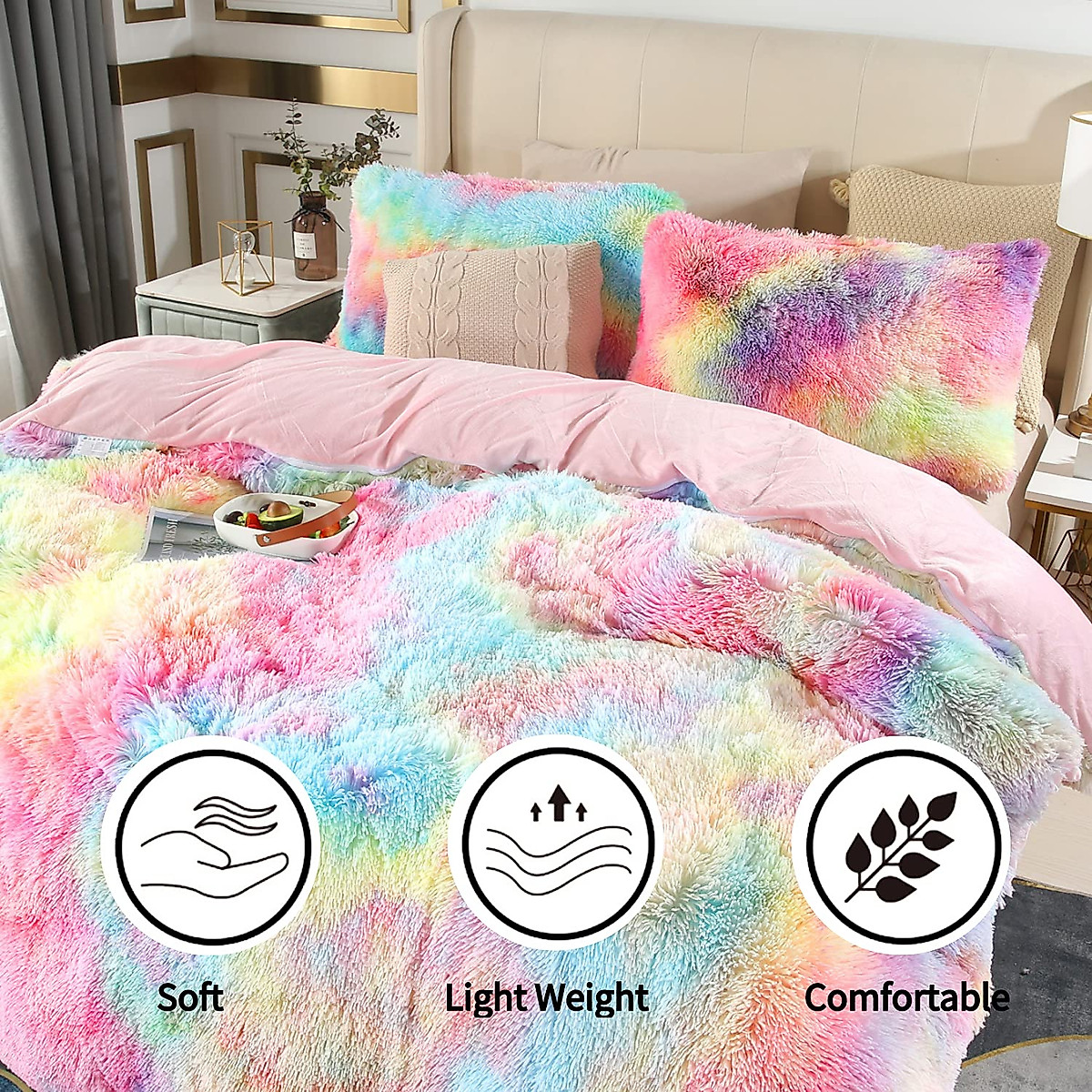 RYNGHIPY 3Pcs Rainbow Girls Bedding Sets Twin Size Ultra Soft Long Hair Plush Shaggy Duvet Cover with Pillowcases Colorful Tie Dye Bedding Set with Hidden Zipper Closure (Colorful Pink,Twin)