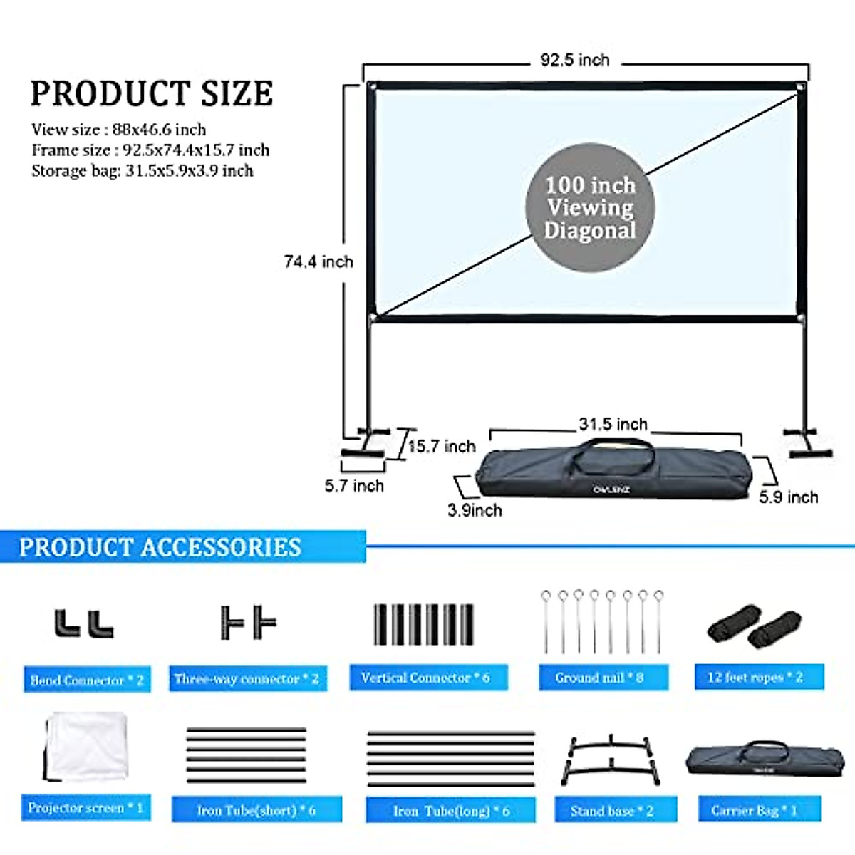 OWLENZ 100" New Upgraded Stand Projector Screen 16:9 4K HD Front Projection Portable Movie Screen with Storage Carrying Bag for Outdoor Indoor Use