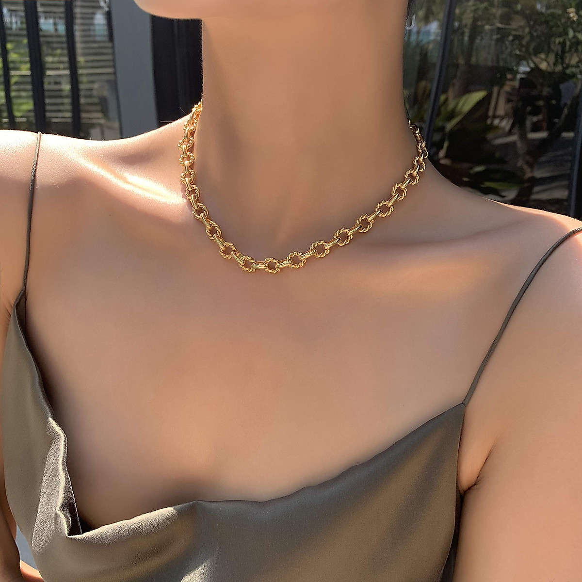 ACC PLANET Statement 14k Gold Plated 4mm Thick Oval Chain Link Choker Toggle Necklaces Chunky Gold Jewelry for Women Gift