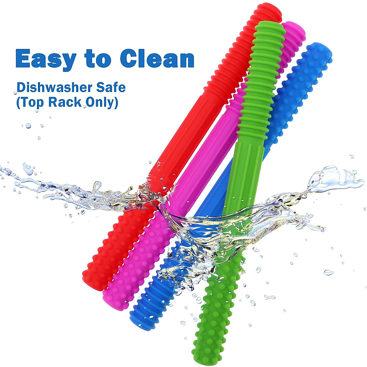 Munchewy Sensory Teething Tubes(4 Pack), Soft Silicone Hollow Teether Chew Toy for Babies, Toddlers, Kids, Boys, Girls with Autism, ADHD, SPD, Biting, Teething, Sensory Needs(Blue,Green,Purple,Red)