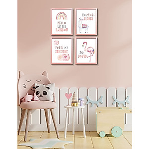ArtbyHannah 4 Pack 8x10 Inch Framed Baby Nursery Wall Art Decor with Pink and White Decorative Cute Animals Art Prints for Kids Room, Baby Girls Playroom Children Room Bedroom or Home Decoration