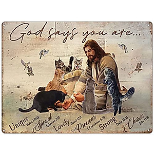 WZVZGZ Metal Tin Sign Retro Wall Decor,Jesus - Jesus with Cats - God Says You are - Landscape- Wall Art,Tin Sign Poster Vintage Metal Signs for Bar Music Club Man Cave Room Wall Decor 8x12 Inch