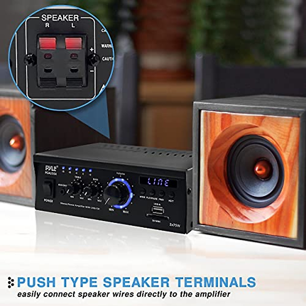 Pyle Home Home Audio Power Amplifier System - 2x75W Dual Channel Theater Power Stereo Receiver Box, Surround Sound w/ USB, RCA, AUX, LED, Remote, 12V Adapter - For Speaker, iPhone - Pyle PCAU35A