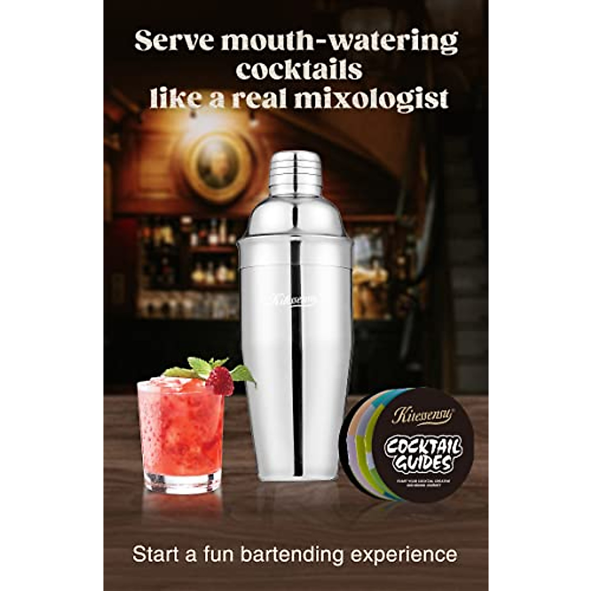 KITESSENSU Cobbler Cocktail Shaker - 24oz Martini Shaker with Strainer - Premium 18/8 Stainless Steel Drink Mixing Shaker with Recipes Booklet - Silver