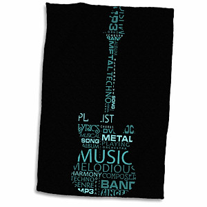 3D Rose The Word Music Shaped Like A Guitar in Turquoise Hand/Sports Towel, 15 x 22