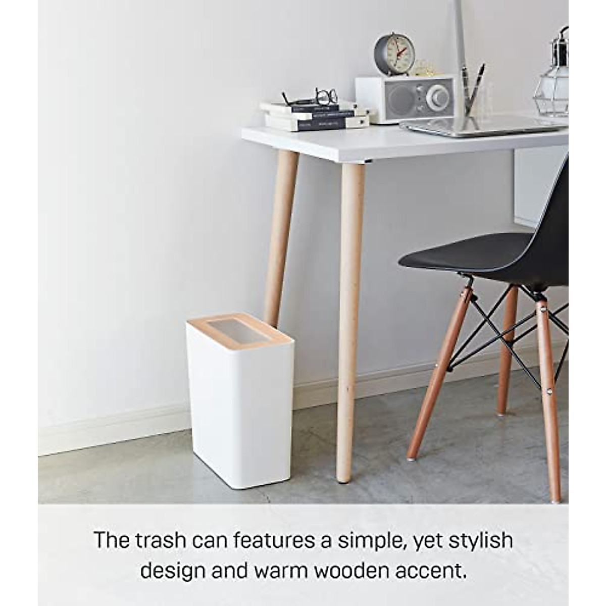 Yamazaki Home Trash Can - Small Modern Home Wastebasket for Bathroom Kitchen office Steel + Wood One Size Ash