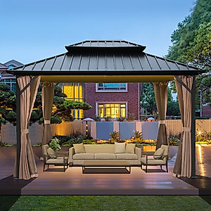 QZEN 10' x 12' Hardtop Gazebo with Netting and Curtains, Double Roof Permanent Metal Gazebo, Aluminum Frame Patio Gazebo for Backyard, Garden, Lawn and Deck