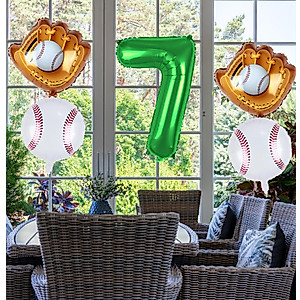 Baseball Balloons 7th Birthday Decorations for Boys, Baseball Birthday Party Decorations Baseball Sports Theme Birthday Party Supplies Favors 32Inch Foil Mylar Green Number 7 Balloon