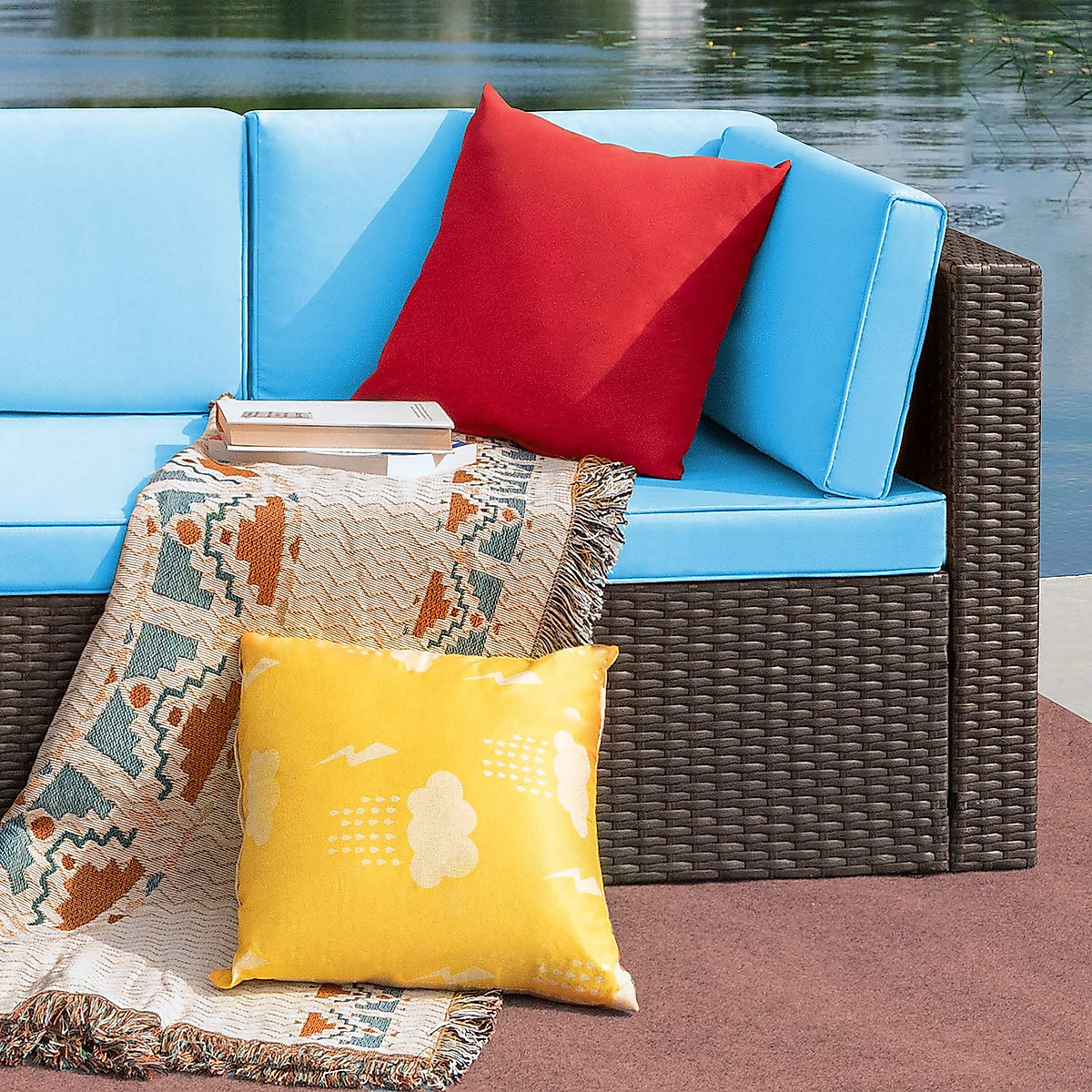 Furniwell 7 Pieces Patio Furniture Sectional Set Outdoor Wicker Rattan Sofa Set Backyard Couch Conversation Sets with Pillow, Cushions and Glass Table (Blue)