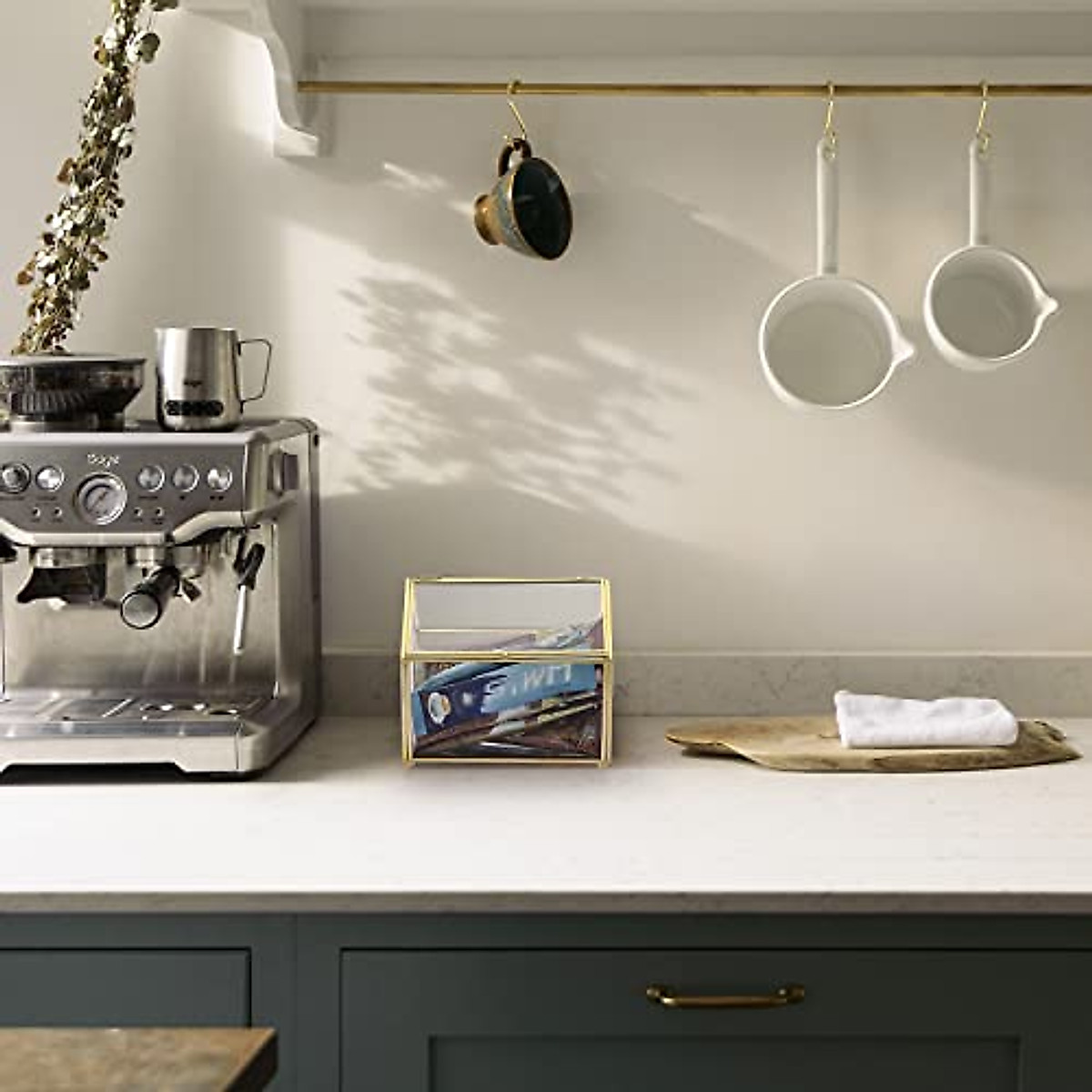 ELLDOO Gold Glass Pentaprism Coffee Pods Holder with Lid for Nespresso Vertuoline Capsule, Tea Bags Sugar Packets Sweeteners Candy Snack Storage for Counter, Coffee Bar, Kitchen, Breakroom