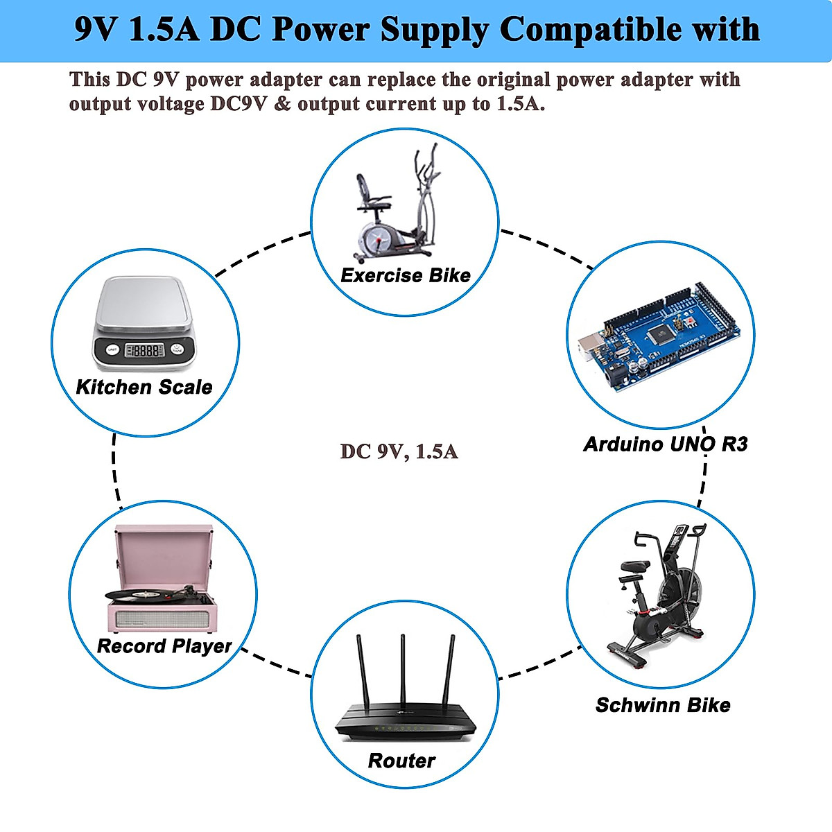 9V 1.5A Power Supply DC 9V Power Cord, 110-240Vac to DC 9Vlot 1A AC Adapter DC Plug Center Positive, for DC9V Arduino UNO R3, Schwinn Bike A10 140 170, Crosley Cruiser Record Player.