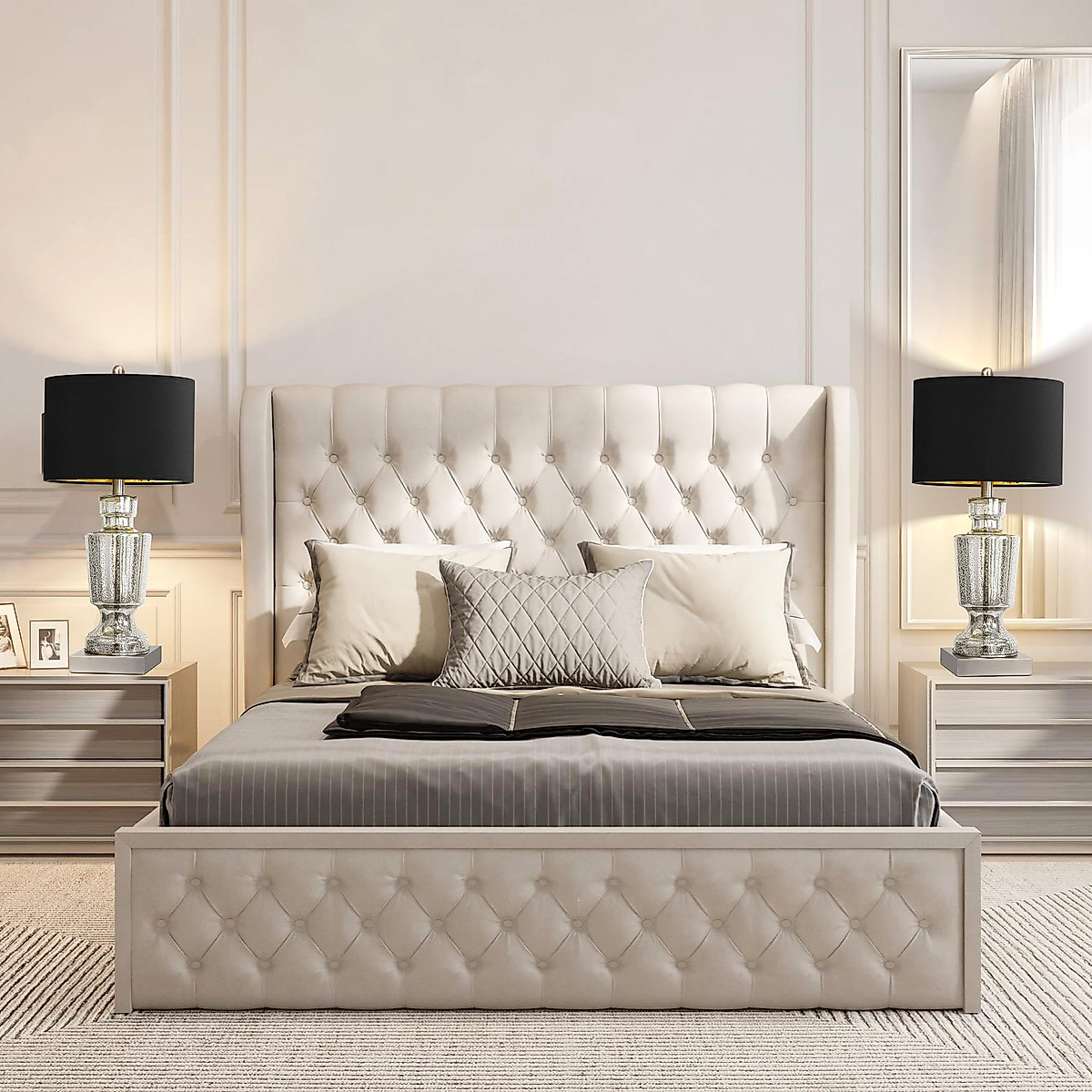 Set of 2 Mercury Crackle Glass Lamps for Bedroom with 2 USB Ports 3-Color Temperature Dimmable Contemporary Silver Living Room Lamps Modern Nightstand Lamps with Black Lampshades(Bulbs Included)