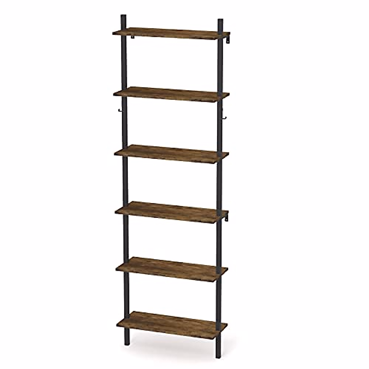 Kiimeey Wall Mounted Bookcase 6-Tier Vintage Open Bookshelf Industrial Tall Shelf with Hooks/Rack(Vintage)