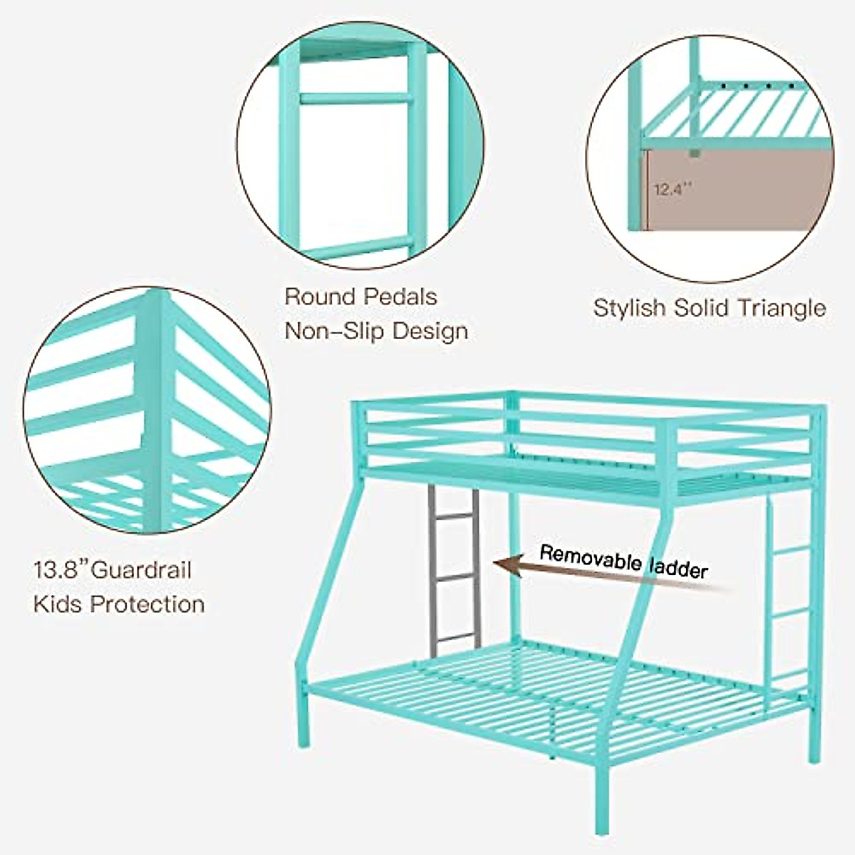 ikalido Metal Bunk Bed, Twin Over Full Size Beds with Sturdy Guard Rail & Removable Ladder, Space-Saving/Noise-Free/Aqua Green
