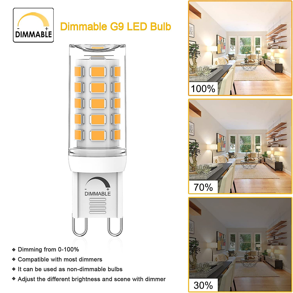 YUIIP G9 LED Bulb Dimmable, 4W, 40W Halogen Equivalent, 3000K Warm White, AC 120V G9 Bi Pin Base Light Bulbs, 380LM, No Flicker, 360° Beam Angle, Pack of 6