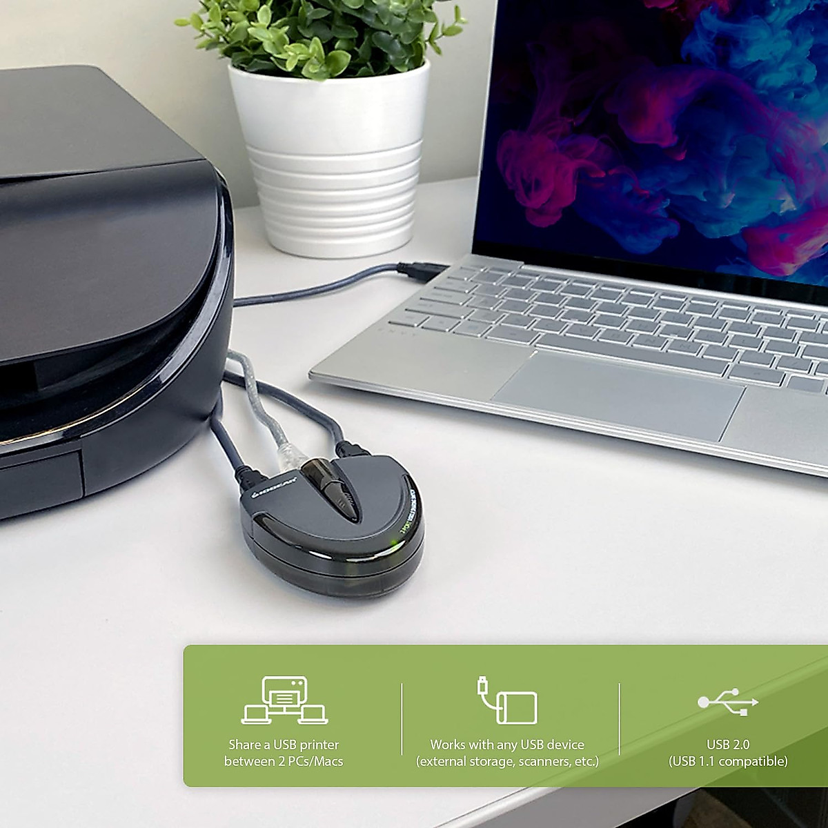 IOGEAR 2 Port USB 2.0 Switch - Auto Printer Switch - Manually or Auto Control - LEDs Indicate - Plug n Play - GUB231