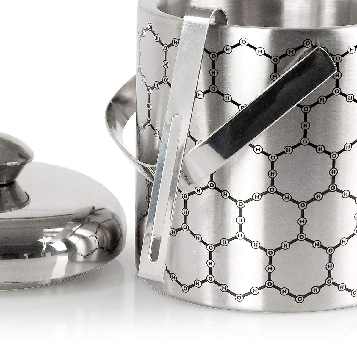 Stainless Steel Ice Bucket With Ice Molecule Pattern | A Fun Way To Keep Your Ice Cold & Frozen | Includes Set Of Ice Tongs