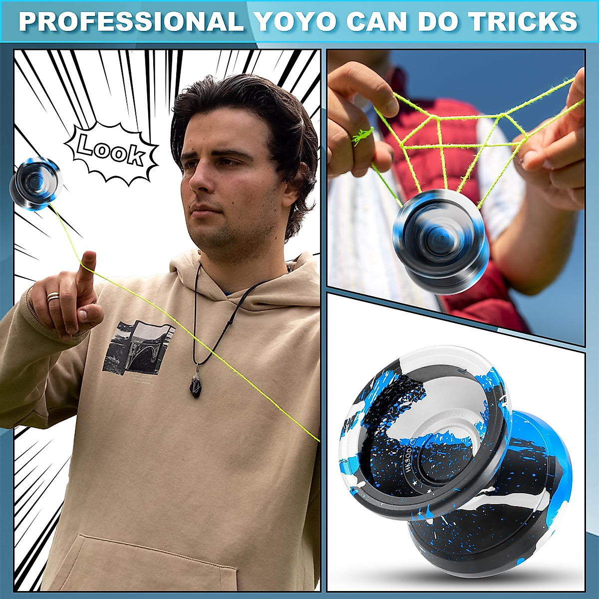 Hksod Yoyo Responsive Professional Yoyos for Kids 8-12 Beginners,Unresponsive Yo Yo for Adults Metal Trick Yoyos with Yo-yo Bearing Accessories - Black Blue