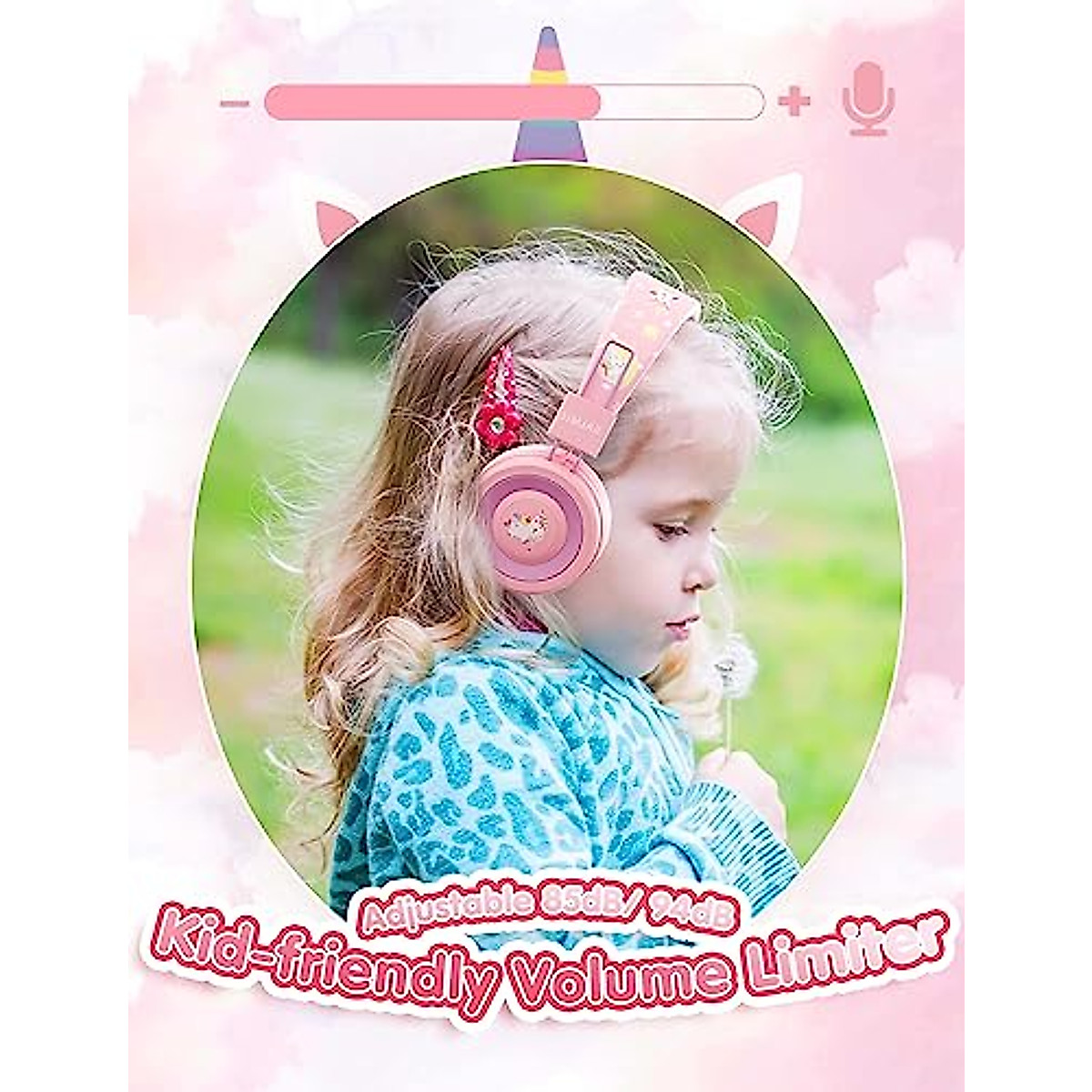 SIMJAR Unicorn Headphones with Microphone for School, Unicorn Rubber Band Included, Volume Limiter 85/94dB, Wired Foldable Girls Headphones for Online Learning/Travel/Tablet/iPad (Pink)