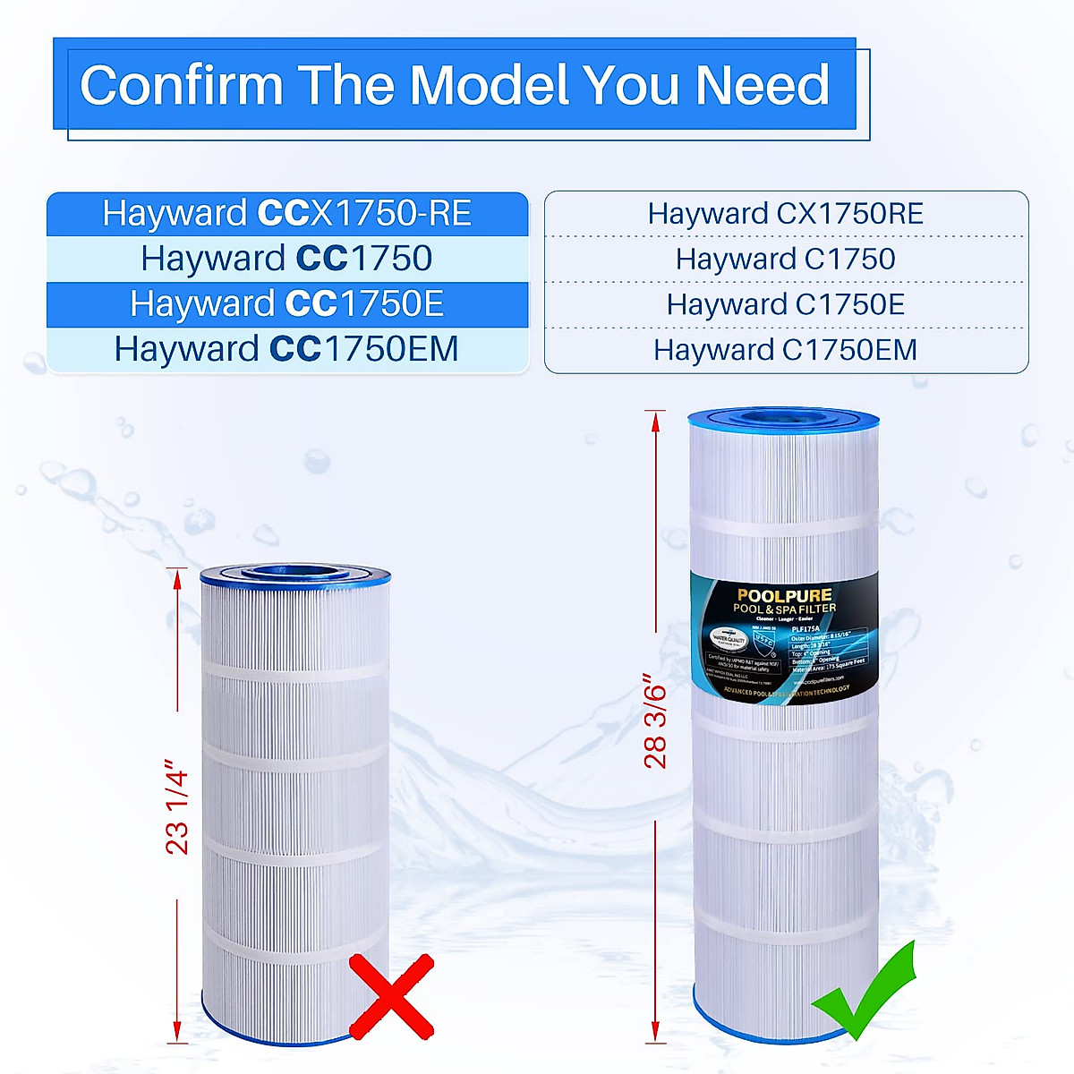 POOLPURE PLF175A Pool Filter Replaces Hayward C1750, CX1750RE, PA175, Ultral-B4, Unicel C-8417, Filbur FC-1294, Sta-Rite PXC175, 817-0175P, L x OD: 28 3/16" x8 15/16", 175 sq.ft Cartridge