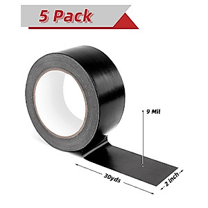 WeLiu Duct Tape Heavy Duty 5 Pack 150 Yards Black Duct Tape 9 Mil Flexible No Residue Non-Reflective Bulk Value for Indoor Outdoor Repairs Professional Industrial Use (2 inches x 30 Yards per Roll)