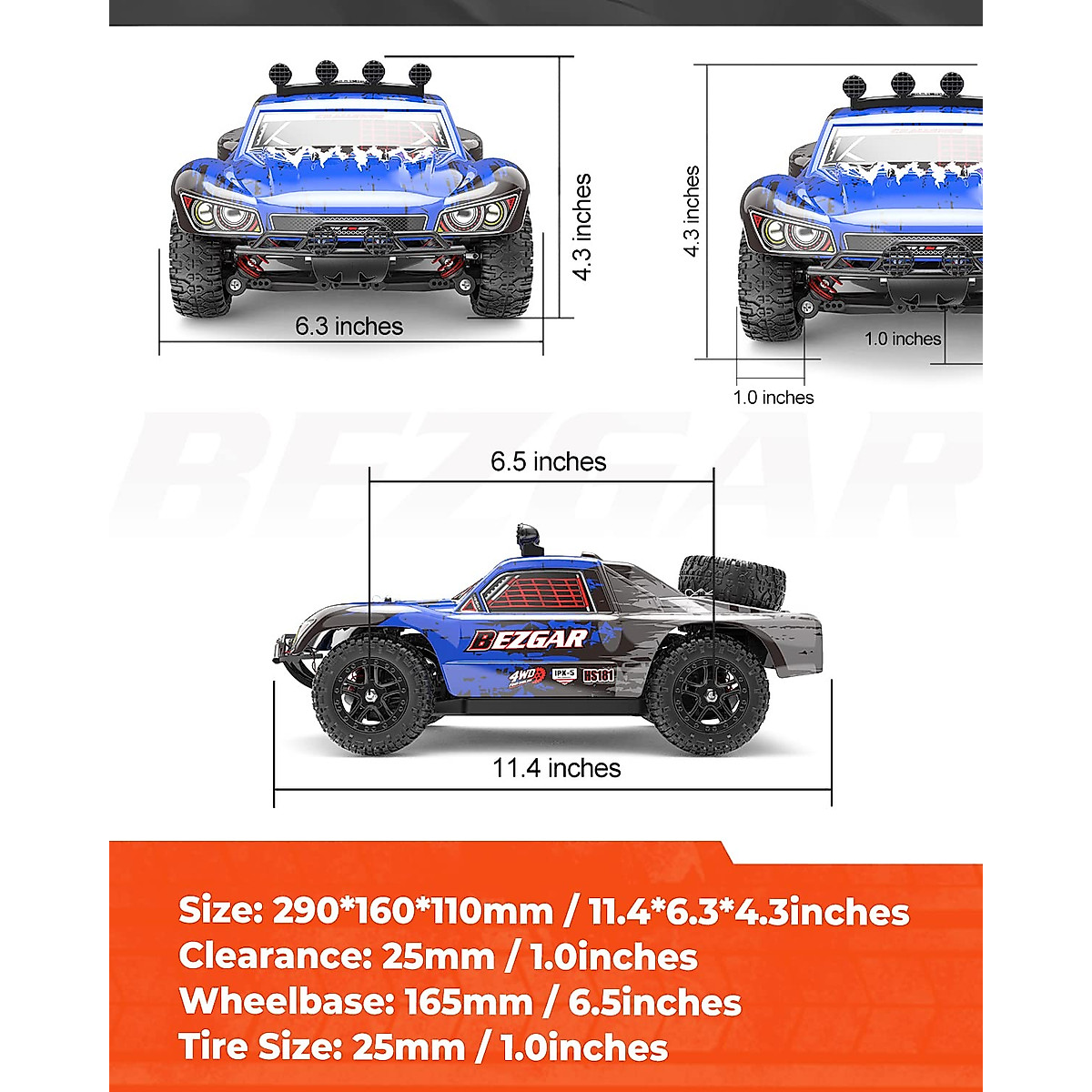 BEZGAR HS181 Hobby Grade 1:18 Scale Remote Control Trucks-4WD Top Speed 35 Km/h All Terrains Off Road Short Course Rc Truck,Waterproof RC Car with 2 Rechargeable Batteries for Kids and Adults