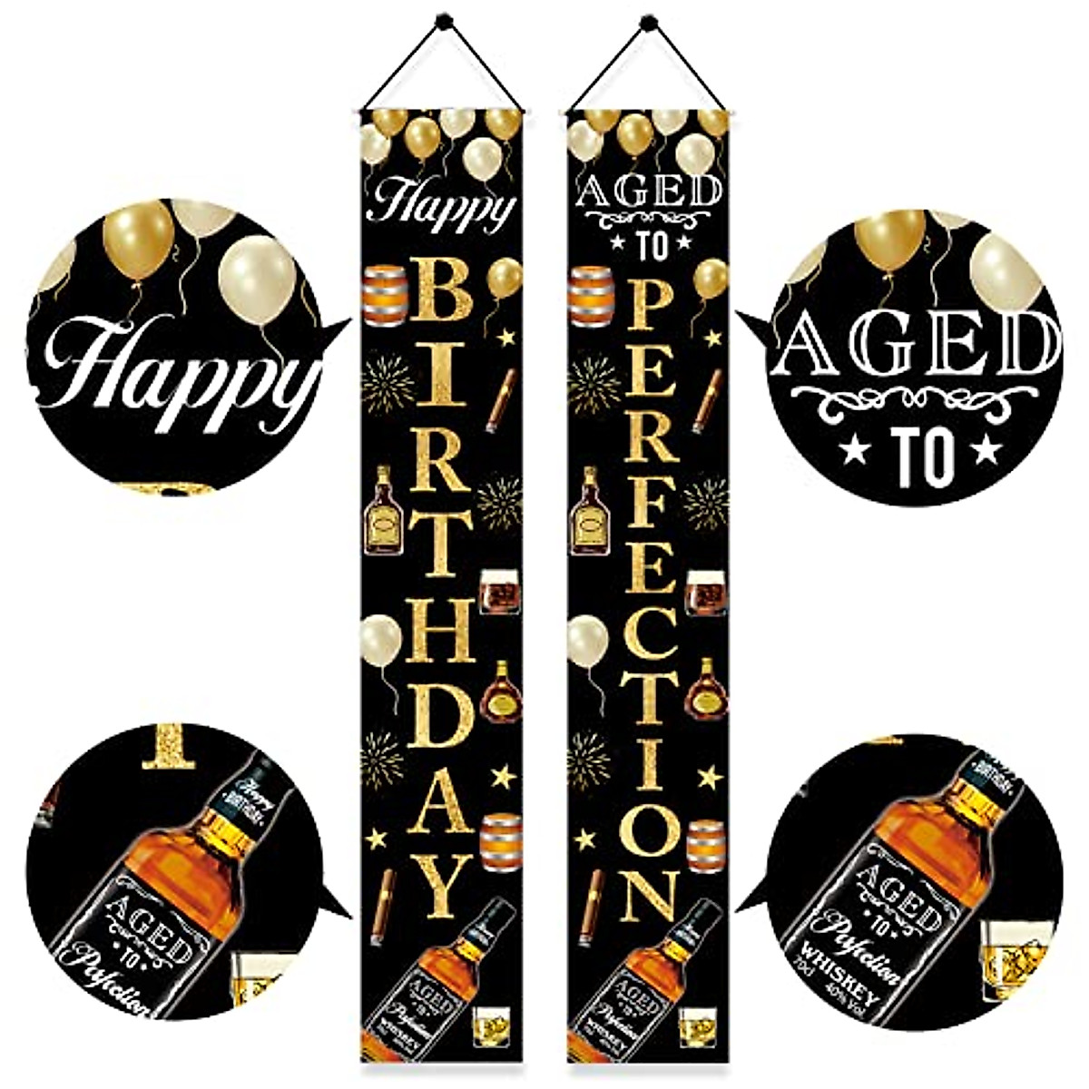 Whiskey Happy Birthday Door Banner Decorations for Men, Black Gold Whiskey Themed Happy Birthday & Aged to Perfection Party Sign Supplies, Cheer and Beer Themed Happy Birthday Photo Booth Props Decor for Indoor Outdoor