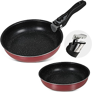 Almcmy Nonstick Frying Pan Set 2 Piece, 10 Inch & 11.6 Inch Nonstick Skillet with Detachable Handle, Induction Pots and Pans, Removable Handle Cookware, Oven Safe, Dishwasher Safe, Red