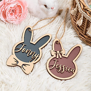 Personalized Rabbit Bunny Wooden Basket Tag Ornament with Name Easter Gift for Kids