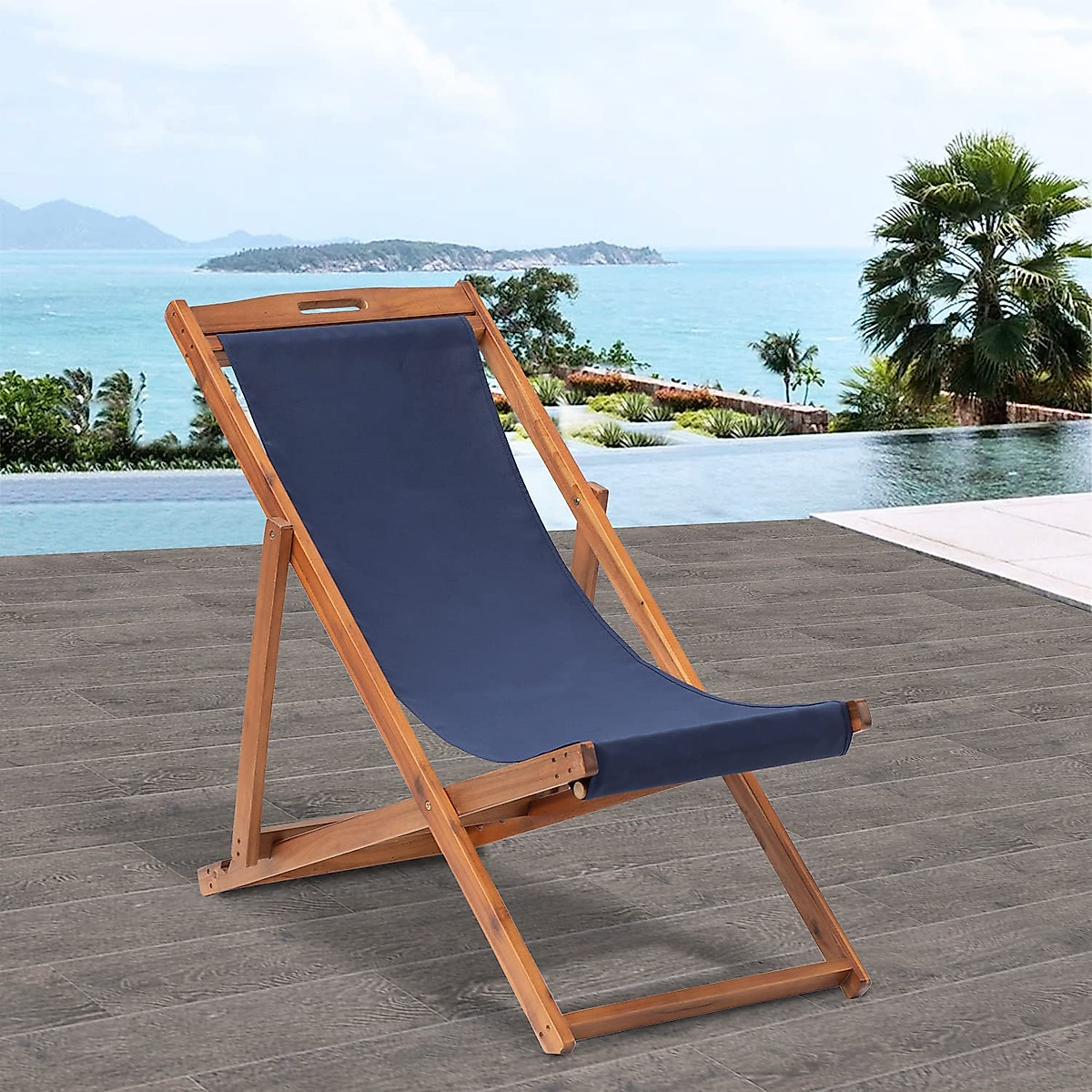 Patio Lounge Chair Outdoor Beach Chair Set of 2, Beach Sling Chair Patio Sling Chairs Set of 2, Wooden Folding Outdoor Chairs for Outside, 3 Level Height Adjustable, Portable Reclining Beach Chair