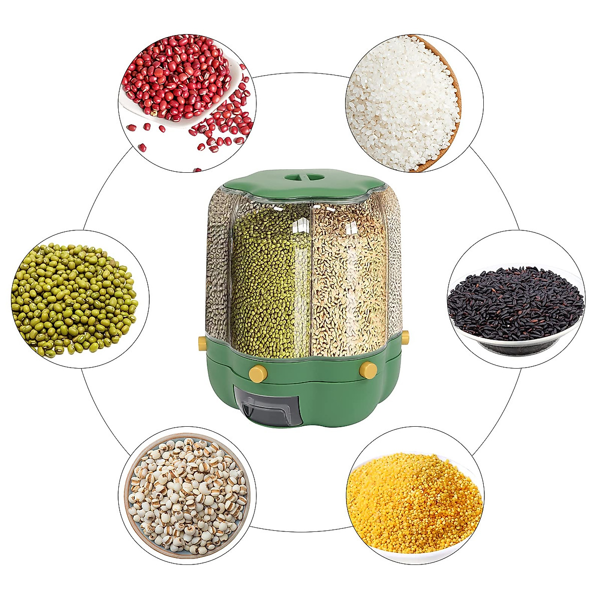 Gagalayong Cereal Grain Container Storage, 6 Compartment Separate Rice Dispenser, 360° Rotating Grain Storage Food Dispenser with Lid for Peanut Barley Millet and Large Grain Cereal (27.55lbs