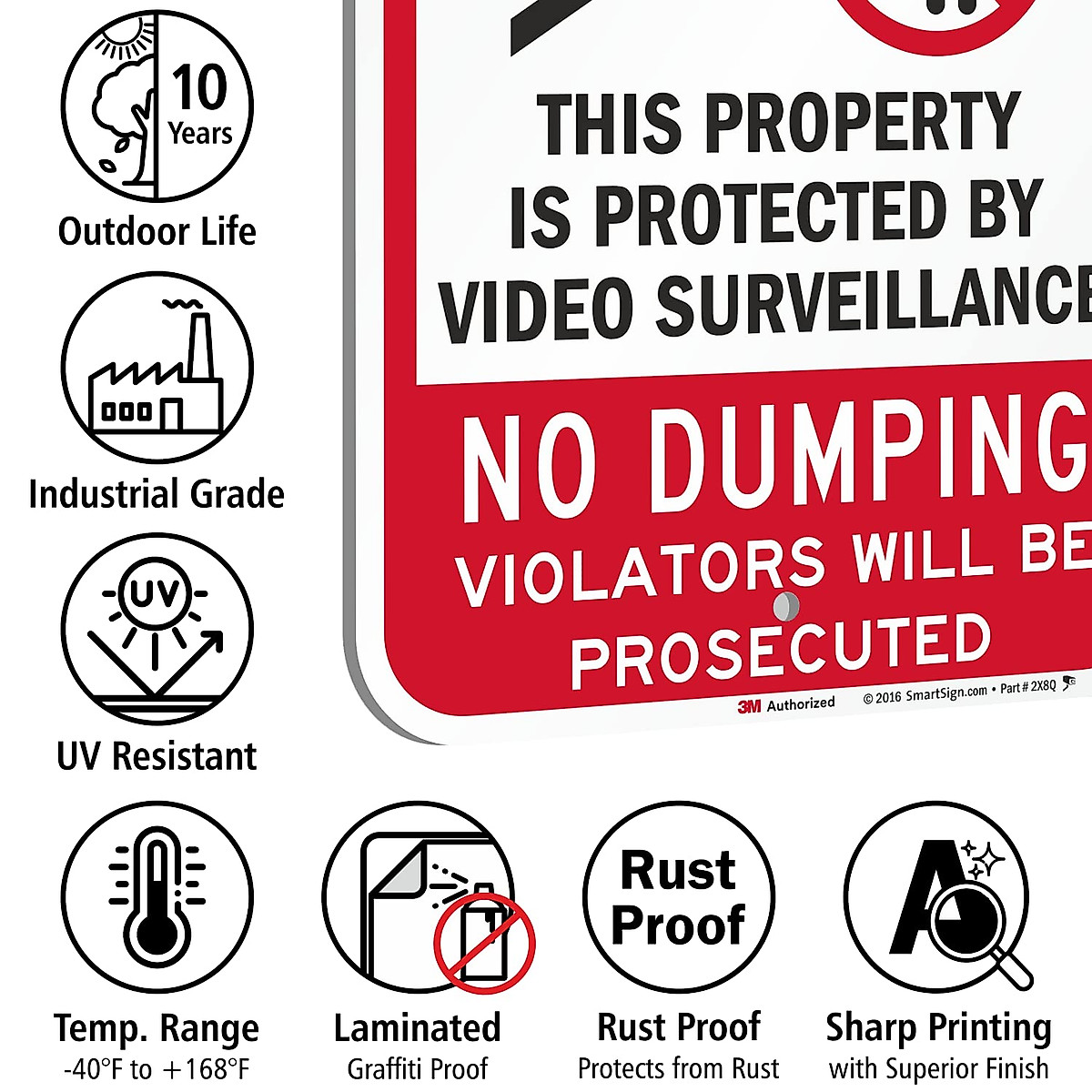 SmartSign 18 x 12 inch “Warning - No Dumping, Property Protected By Video Surveillance” Metal Sign, 63 mil Aluminum, 3M Laminated Engineer Grade Reflective Material, Red, Black and White