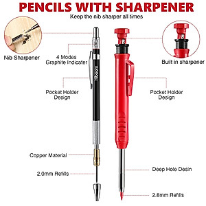 Hiboom 10 Pack Carpenter Pencil Set, 4 Colorful Solid Carpenter Pencils with Sharpener and Refills, Automatic Center Punch, Carbide Scribe Tool Kit for Construction Woodworking