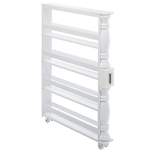 The Lakeside Collection Slim 4 Tier White Wooden Storage Rack Cart on Wheels for Small Spaces, Kitchen, Bathroom Laundry Room Organization