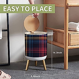 Small Trash Can with Lid Tartan plaid seamless Multicolored dark check plaid in blue red and Garbage Bin Wood Waste Bin Press Cover Round Wastebasket for Bathroom Bedroom Diaper Office Kitchen