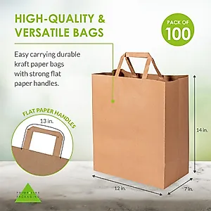 Prime Line Packaging Brown Paper Bags with Handles, Reusable Grocery Tote for Food, Takeout, Delivery, Shopping, Small Business, Bulk, 12x7x14 100 Pack
