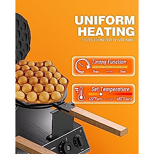 PYY Double Bubble Waffle Maker Commercial Waffle Maker Non-stick Hong Kong Egg Waffle Maker for Home Use Stainless Steel Pancake Maker 180° rotate, 1500W 110V Electric Cone Maker 50-250℃/122-482℉