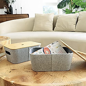 LA JOLIE MUSE Modern Basket with Bamboo Lids, Mid-Century Stackable Storage Basket Bins for Shelves Office Home Organizing, Decorative Tweed Fabric Organizer Container Set of 2, Light Grey