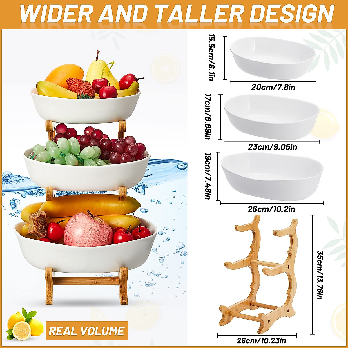 3 Tiered Fruit Basket Fruit Bowl for Kitchen Counter Fruit Bowl Bamboo Large Capacity Vegetable Storage Stand Wood Basket with 3 Pieces Porcelain Fruit Bowl Effortless to Clean Ceramic Fruit Holder