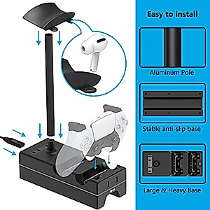 PS5 Controller Charger, Hiree RGB PS5 Controller Charging Station with 2 USB Charging Ports, Headphone Stand, Compatible with Sony Playstation 5 Dualsense Controller