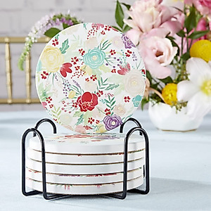 Kate Aspen Garden Blooms Ceramic Drink Coasters with Holder (Set of 6), Boho Home Decor & Gift Set, Party Favor, Take Home Gift, Housewarming Gift