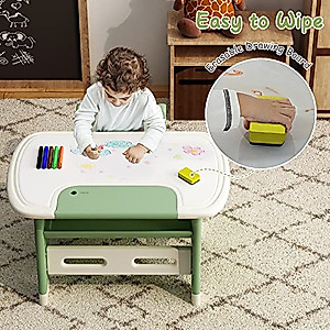 BanaSuper Kid's Drawing Table and Chair Set with Erasable Board Watercolor Pens Plastic Activity Table for Toddlers Children Desk Snack Time Homeschooling Homework Gift for Boy & Girl (Green)