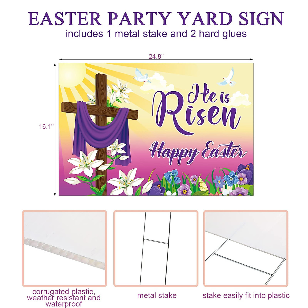 Easter Yard Sign Outdoor Decoration Happy Easter He is Risen Yard Sign Easter Lawn Signs Christian Holiday Party Yard Sign Easter Lawn Stake for Garden Yard Party Decorations Props (Bright Style)